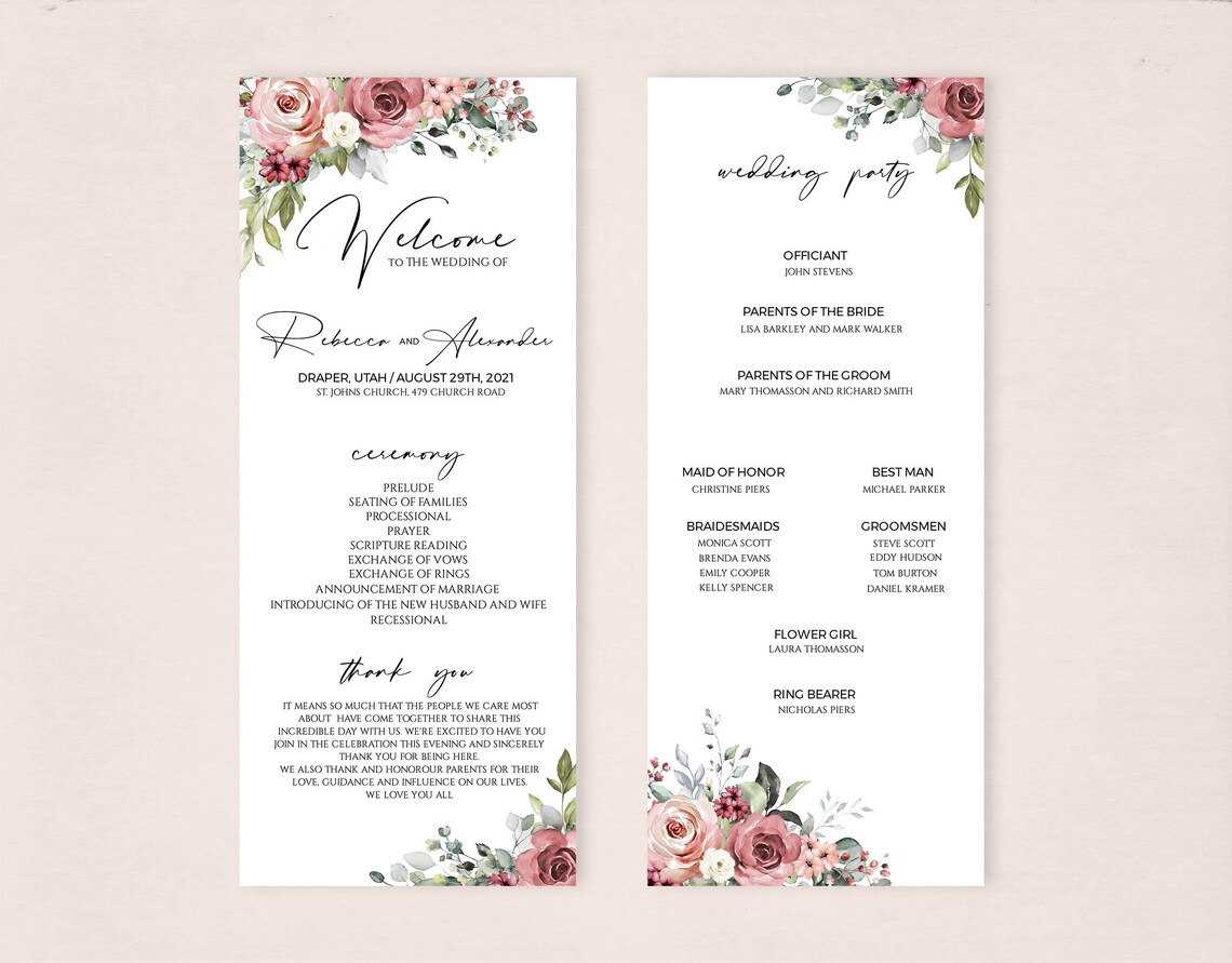 Editable Floral Wedding Program Template INSTANT DOWNLOAD | Etsy