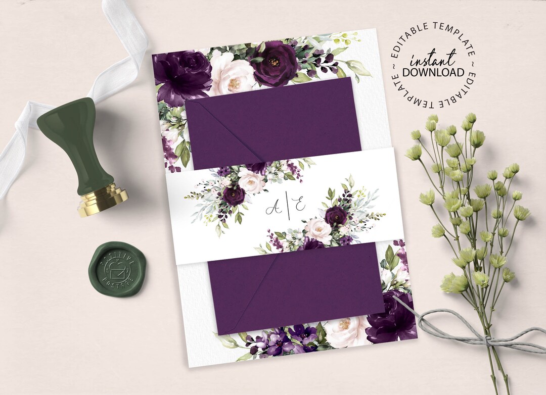 Printable Floral Belly Band Template, Editable Purple and Pink Envelope ...