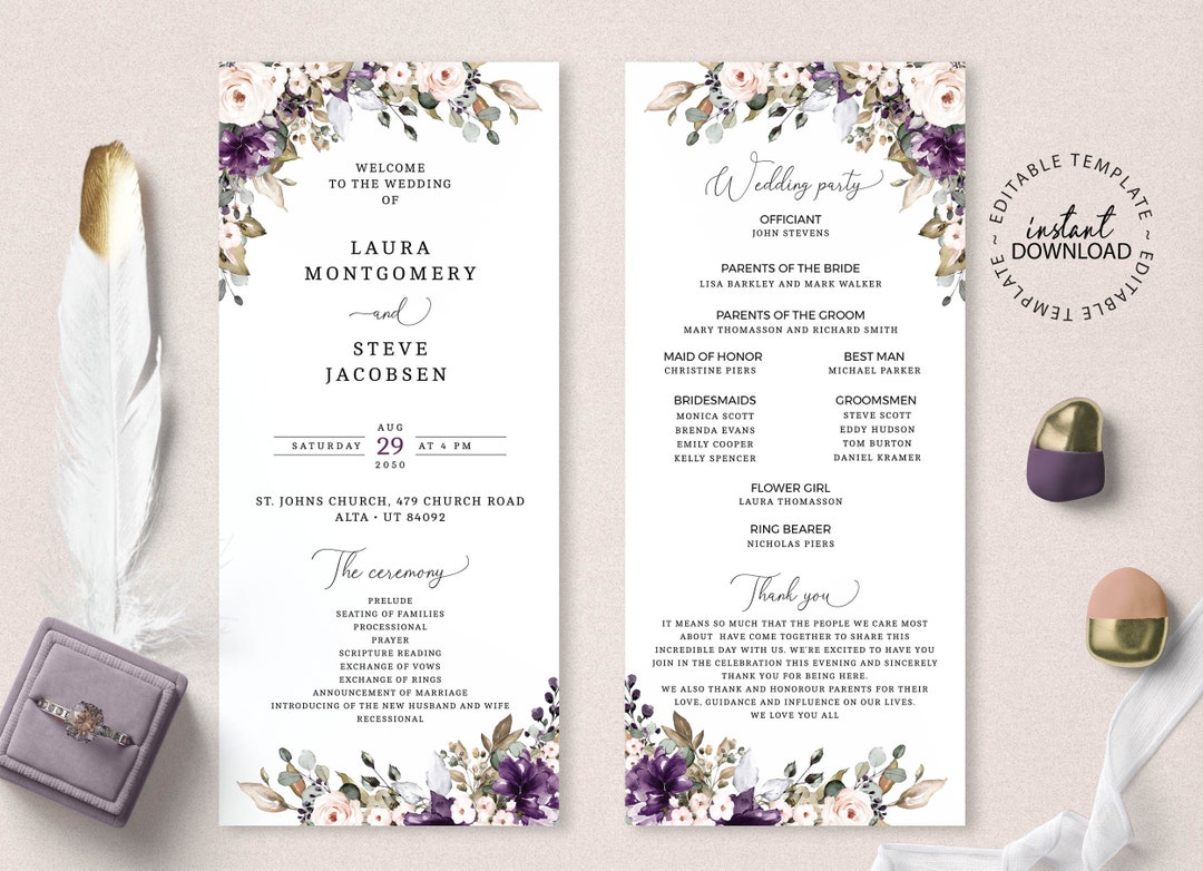 Purple and Pale Rose Wedding Program Template, INSTANT DOWNLOAD ...