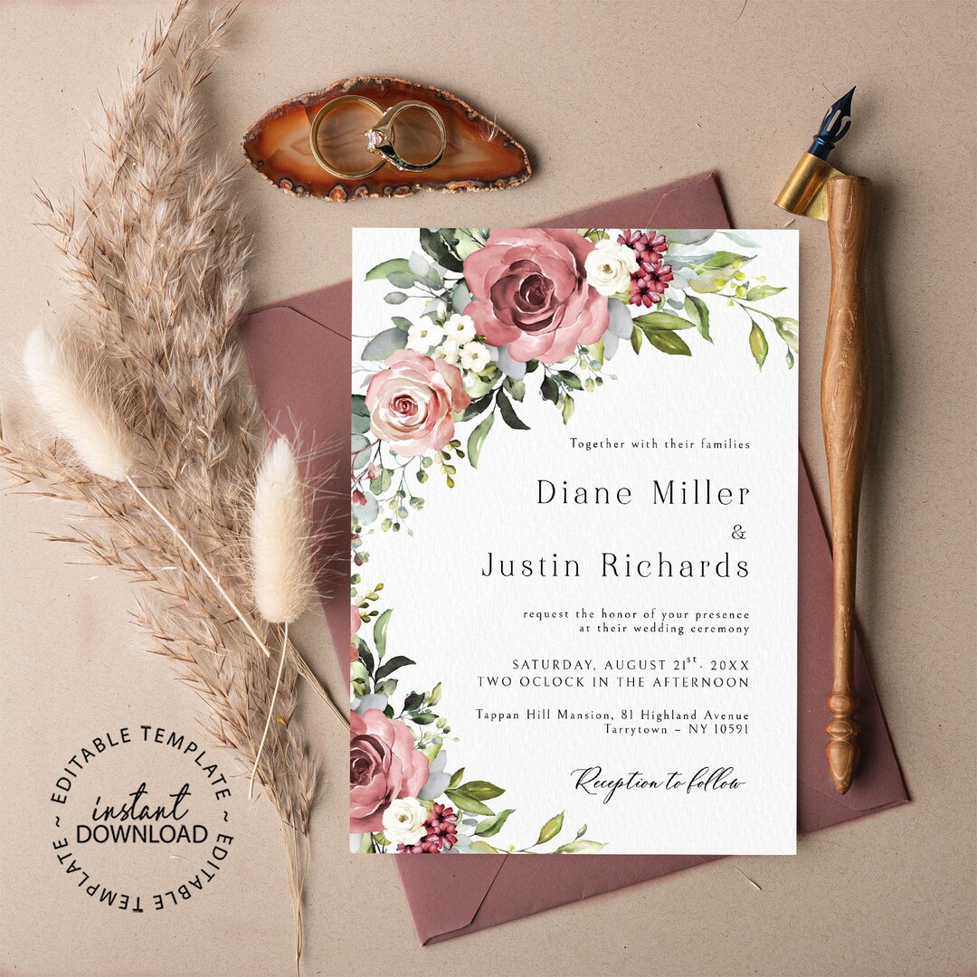 Editable Pink and Desert Rose Floral Wedding Invitation Template ...