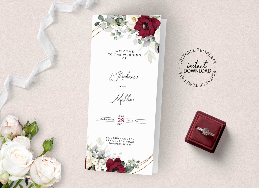 Red and White Editable Wedding Program Template, INSTANT DOWNLOAD ...