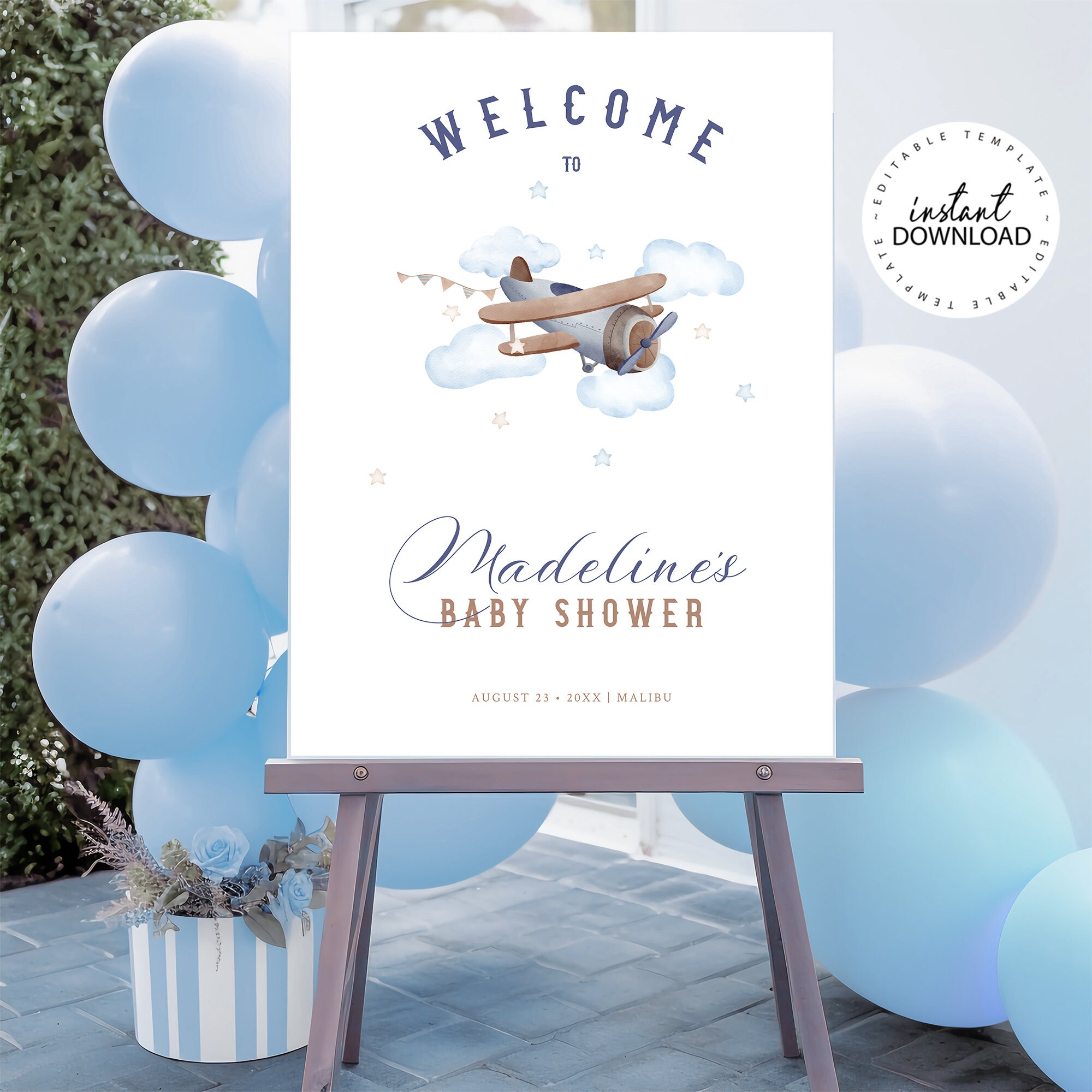 Editable Welcome Sign, Baby Shower Blue Airplane Welcome Sign Template ...