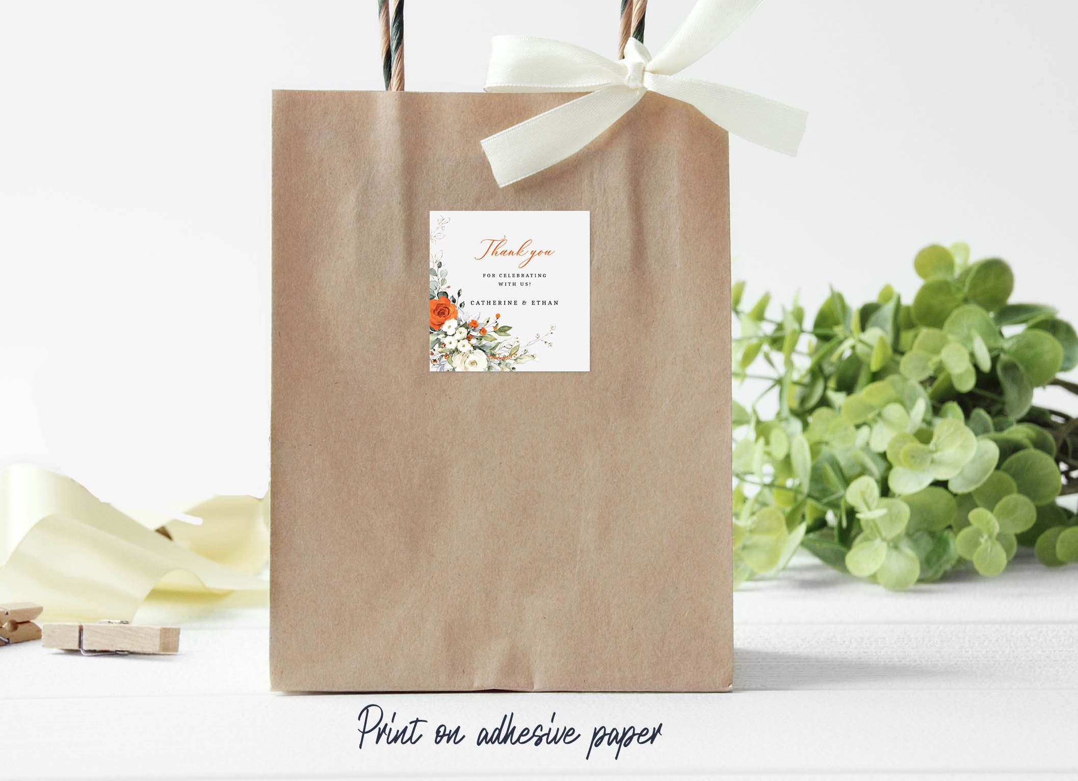 Editable Wedding Favor Tags, Orange Floral Thank You Labels, Square ...