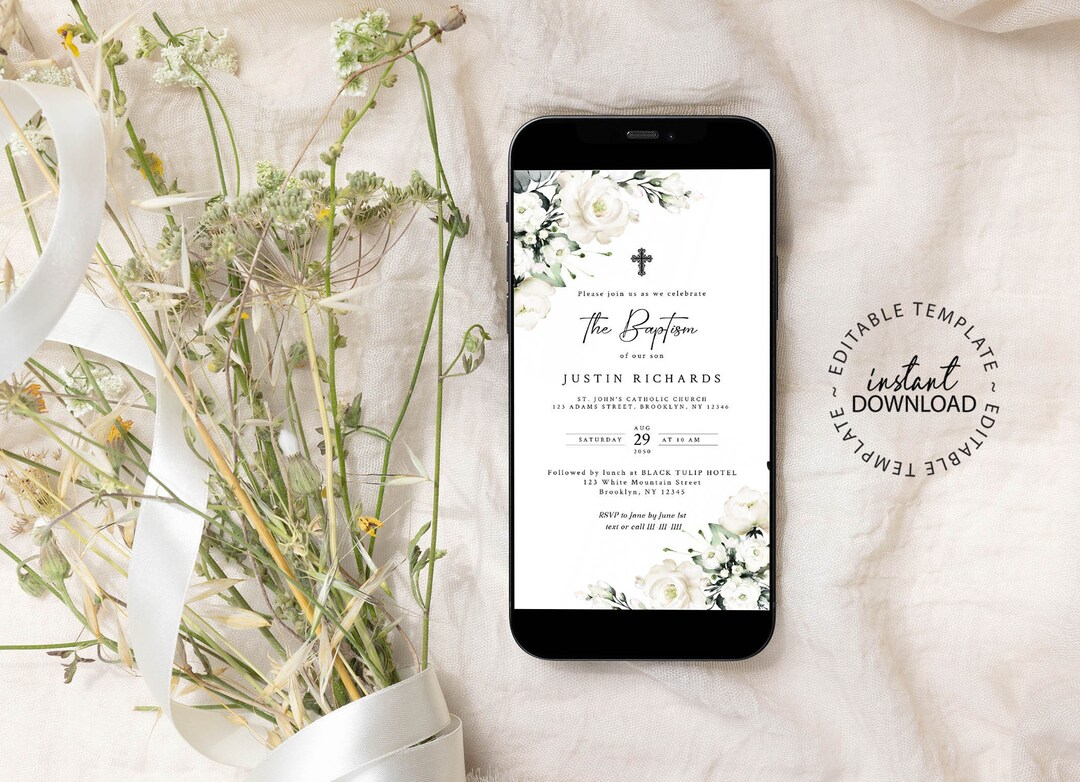 Editable Digital Baptism Invitation Template, Boy or Girl, White Floral ...