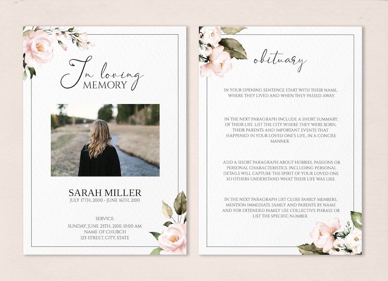 Editable Funeral Card Template INSTANT DOWNLOAD Floral - Etsy