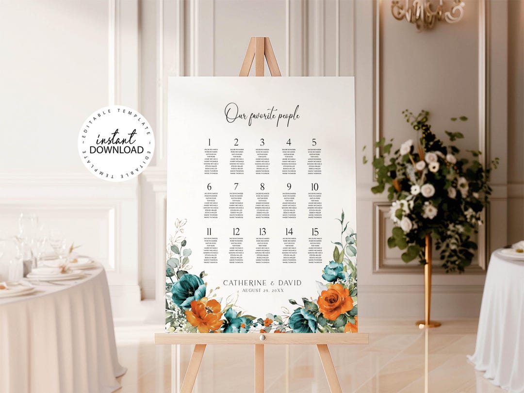 Editable Wedding Tables Plan, Orange and Teal Green Floral Seating ...