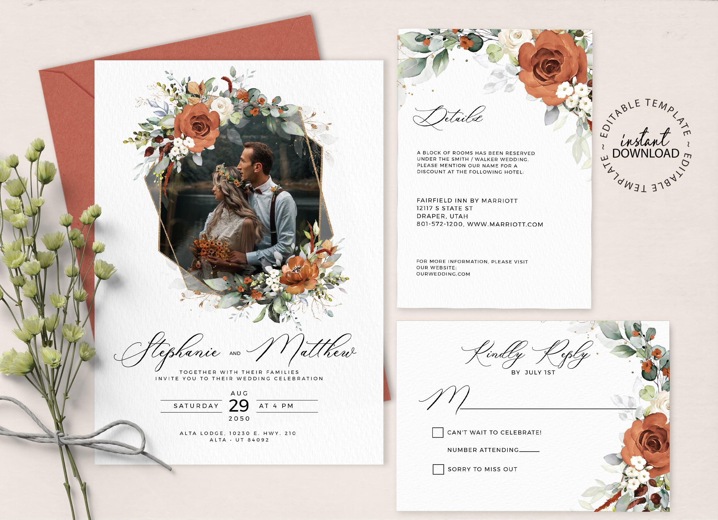 LYRA Burnt Orange Geometric Wedding Invitation Template - Etsy