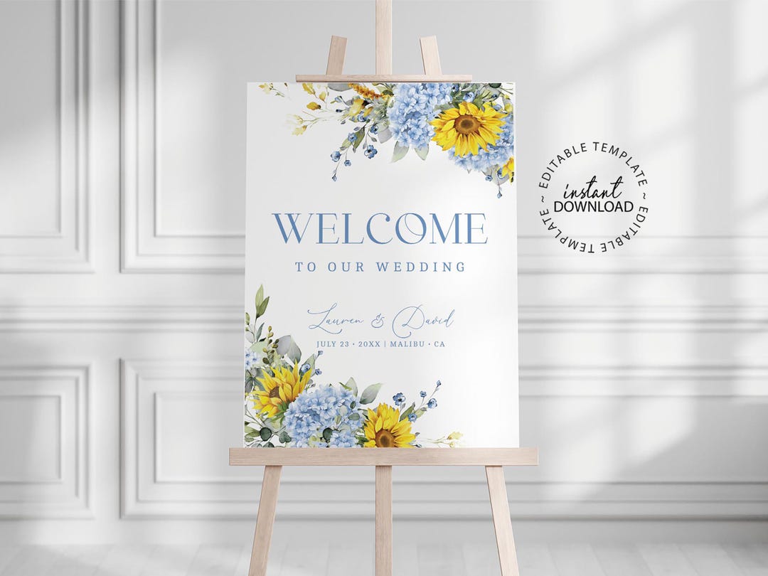 Sunflower and Blue Hydrangeas Wedding Welcome Sign Template, Editable ...