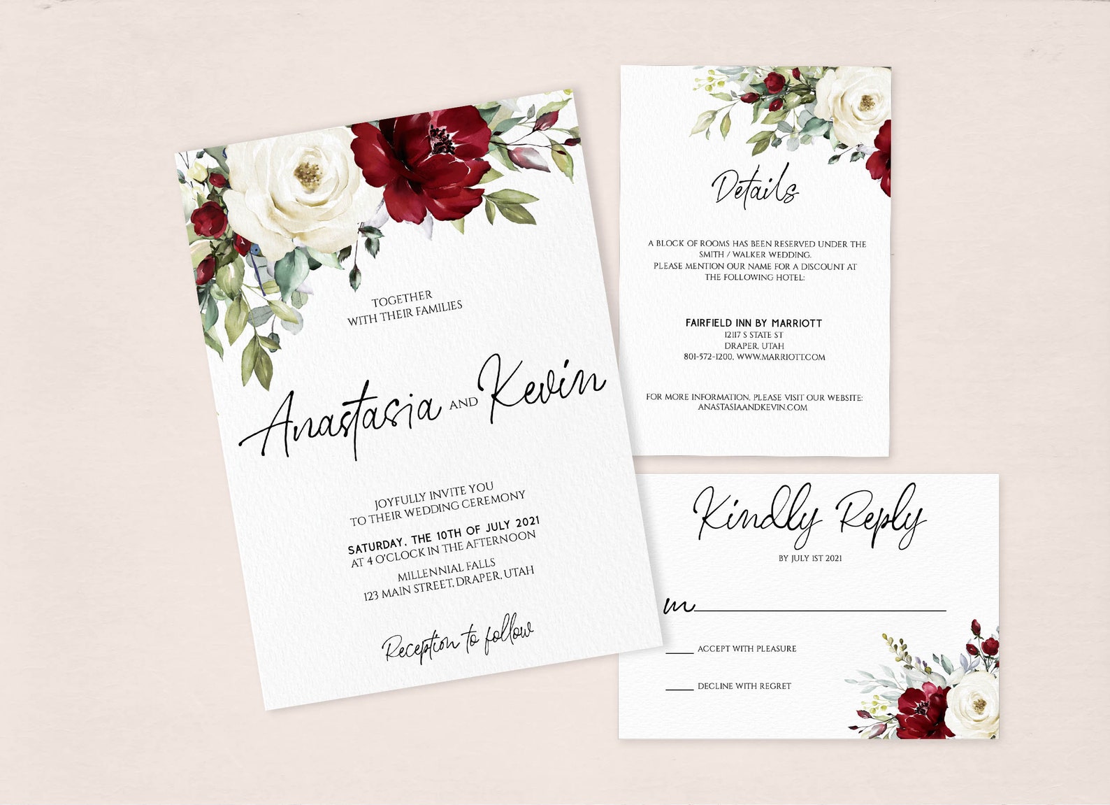 Red and White Floral Wedding Invitation Suite Editable - Etsy