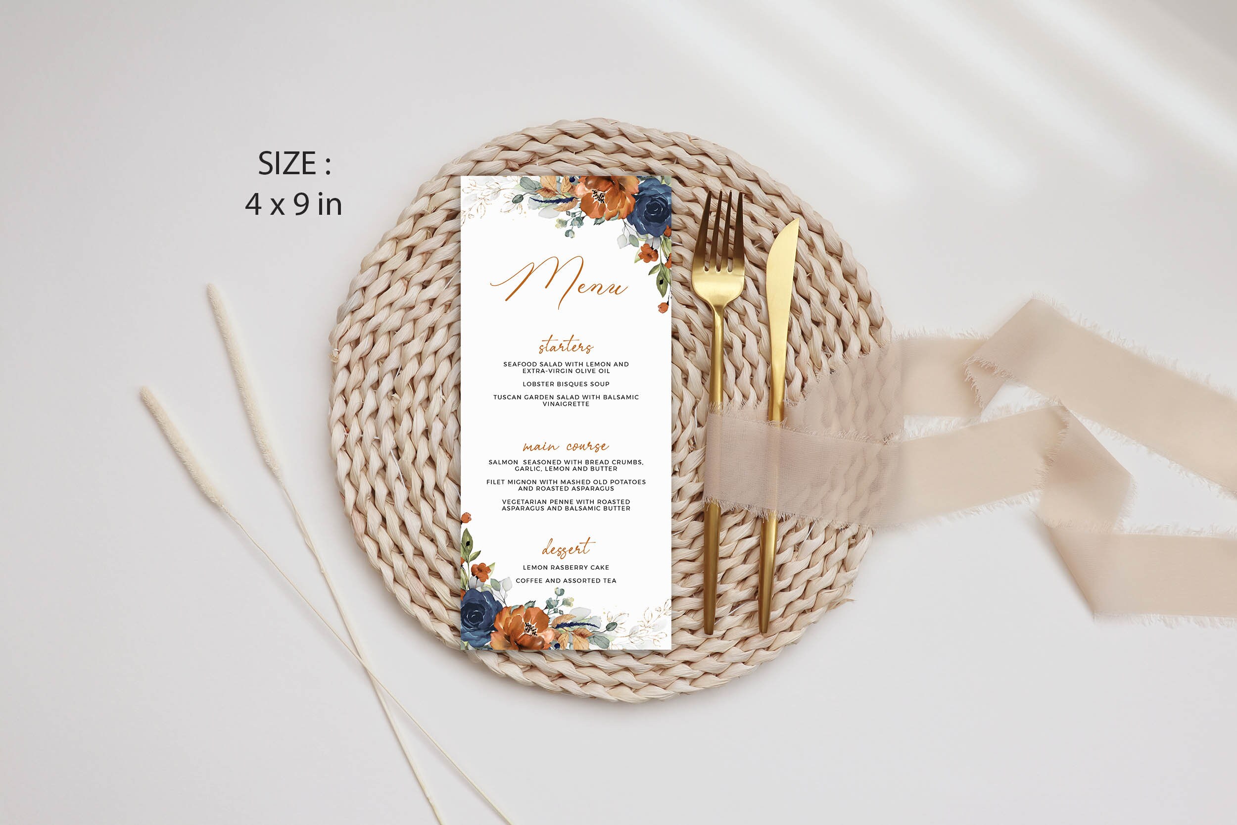 SIA - Editable Burnt Orange and Blue Wedding Menu, Floral Wedding Table ...