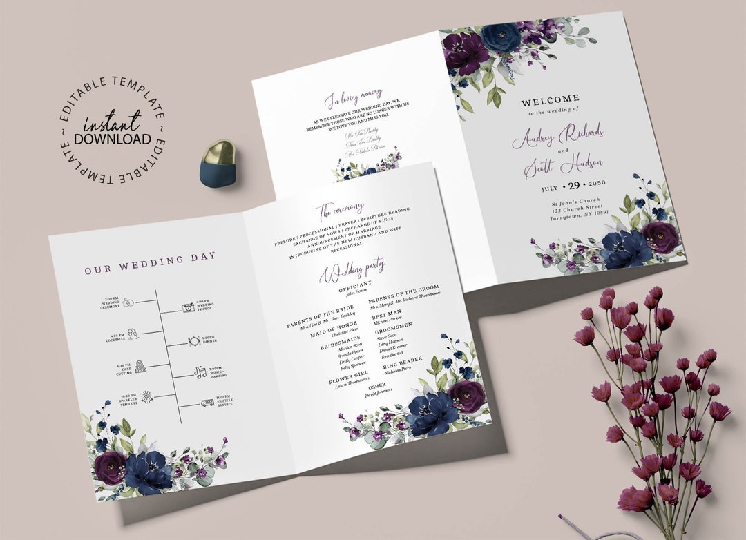 Editable Bi-fold Wedding Program Template, INSTANT DOWNLOAD, Blue and ...