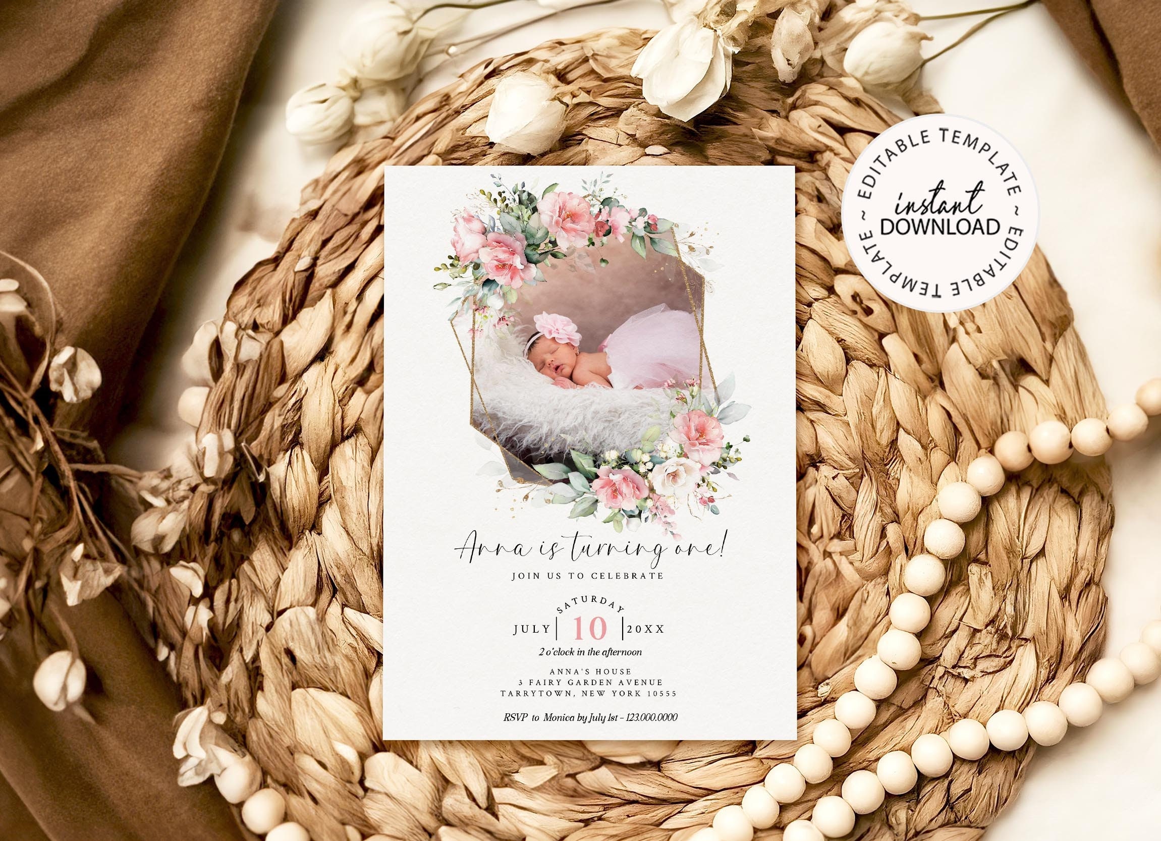 Editable Birthday Invitation Template With Pink and White Flowers ...