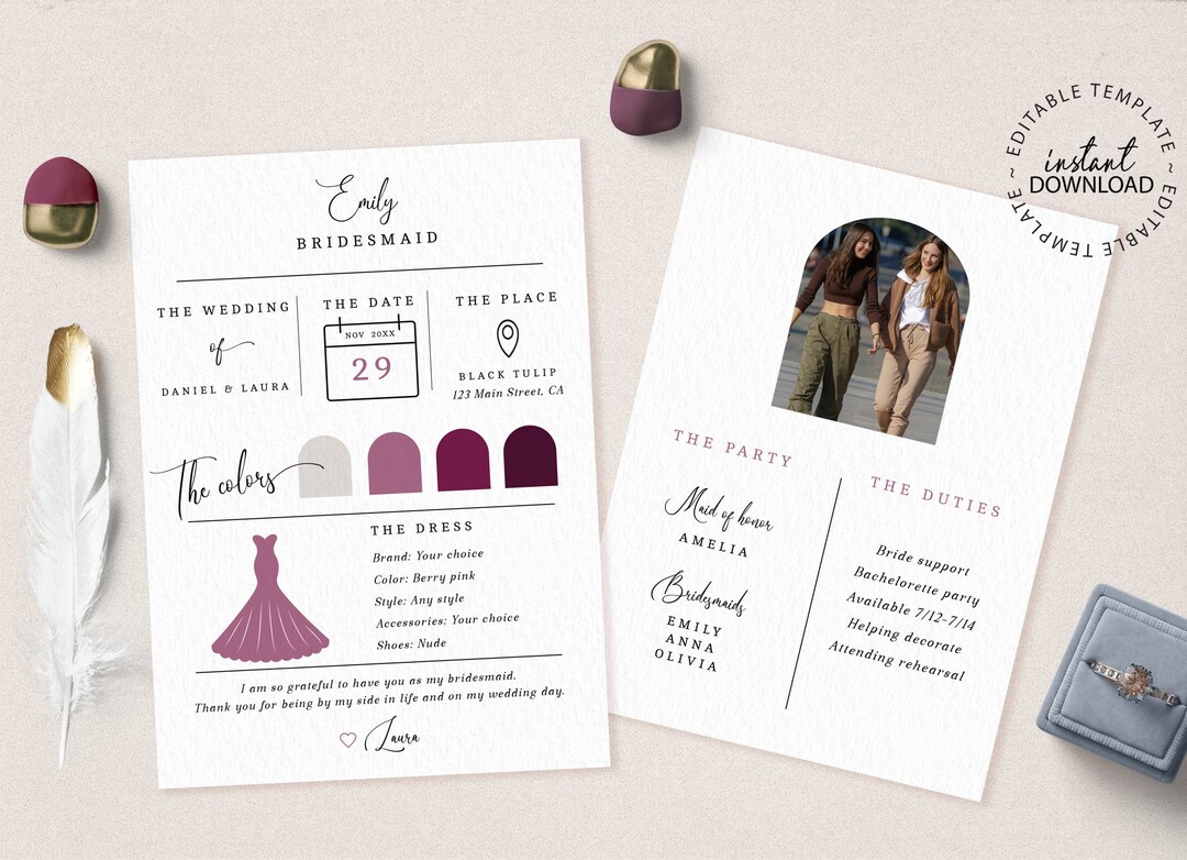 Editable Bridal Info Card Template, INSTANT DOWNLOAD, Bridesmaid ...