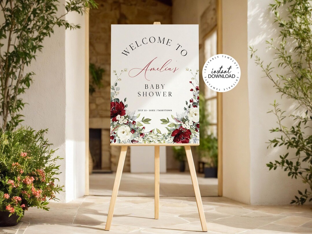 Editable Baby Shower Welcome Sign With Dark Red and White Flowers ...