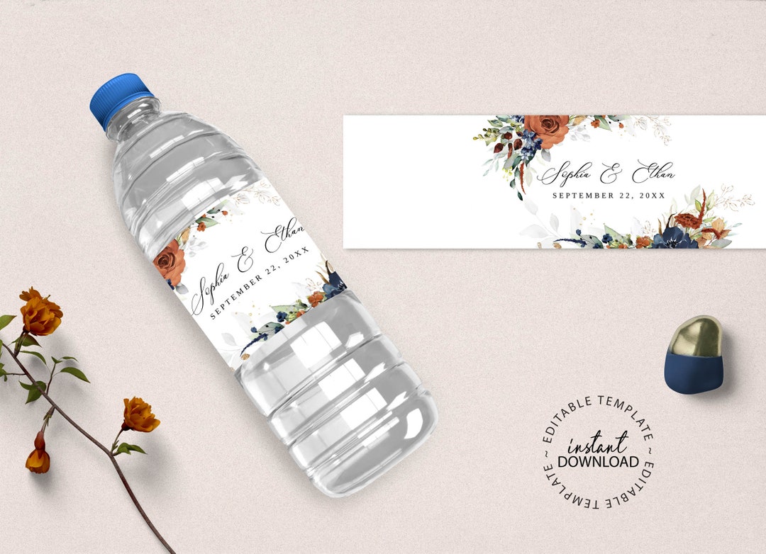 SIA- Blue and Orange Floral Water Bottle Label Template, INSTANT ...