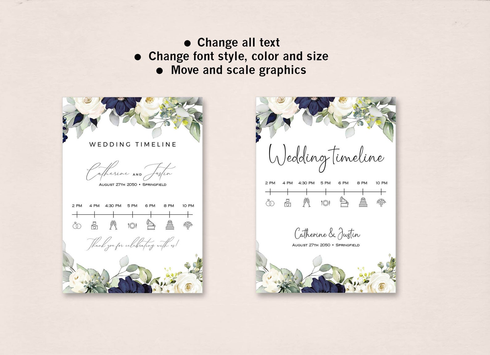 RHEA - Editable Navy Blue Floral Wedding Party Timeline, Printable ...