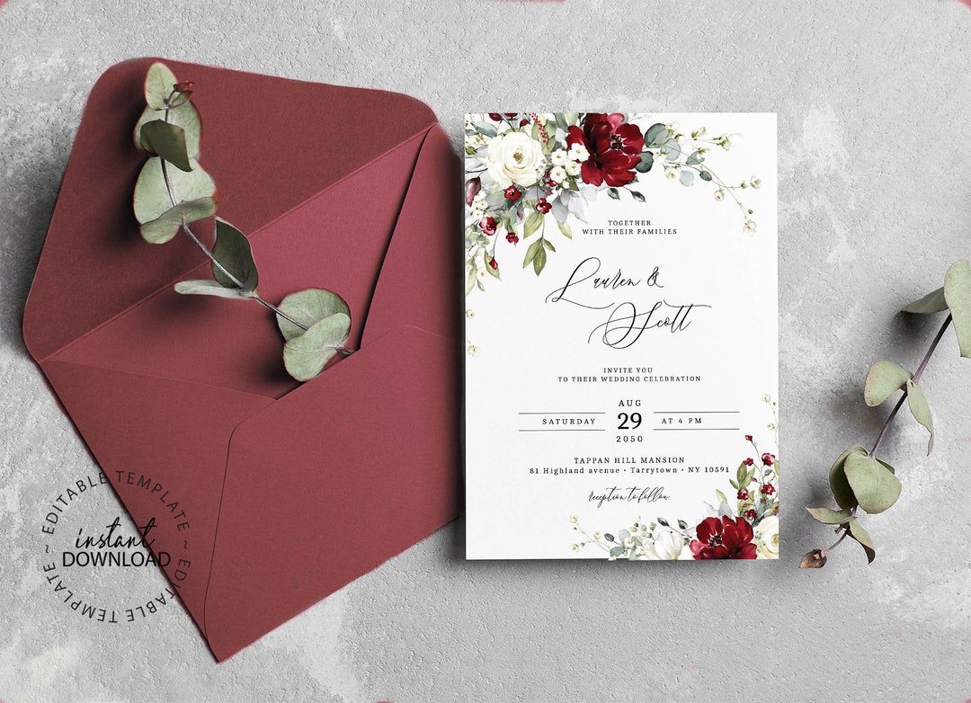 Editable Red and White Wedding Invitation, Floral Wedding Invite ...