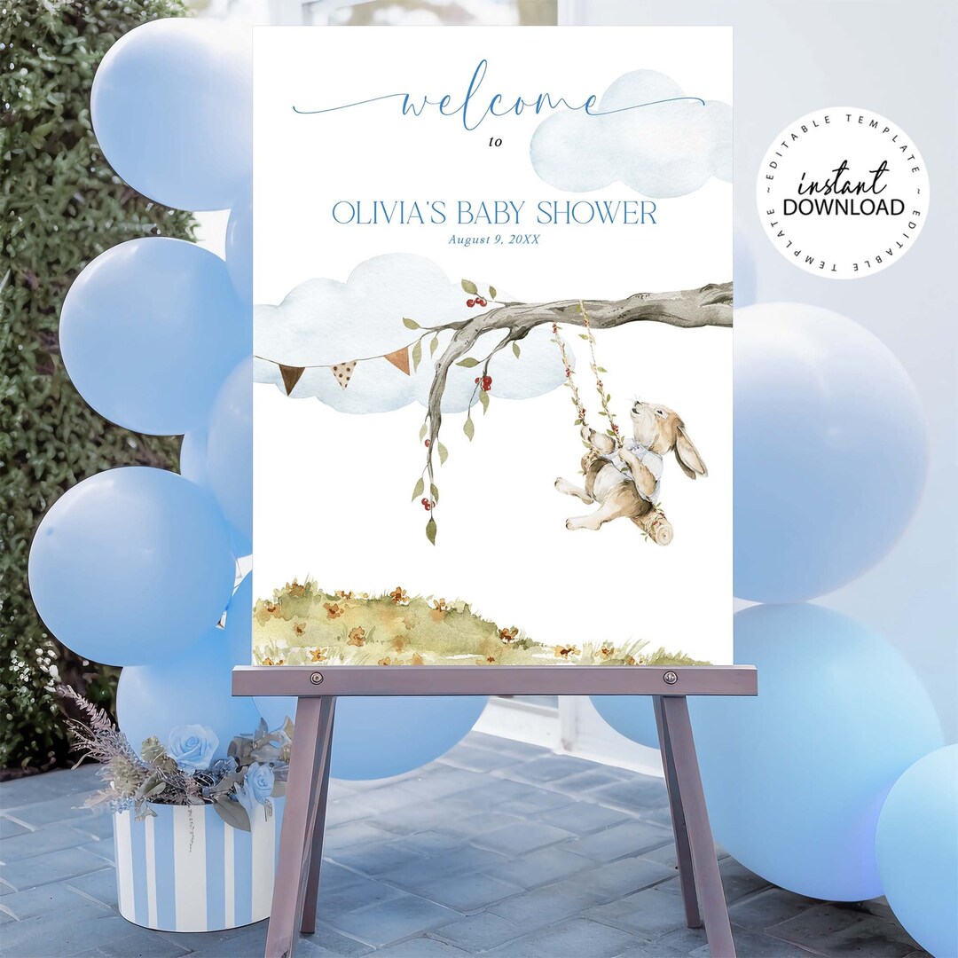 Editable Baby Boy Shower Welcome Sign, INSTANT DOWNLOAD, Bunny Welcome ...