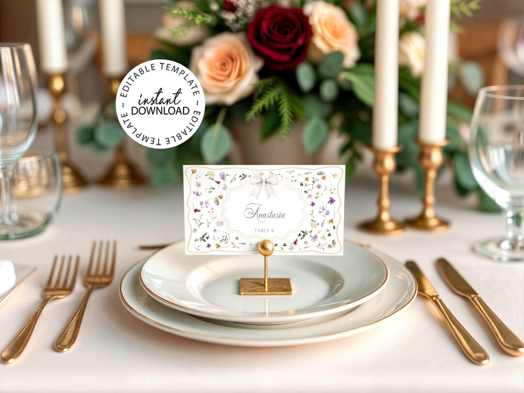 Bow Floral Place Cards Template: Editable Wedding or Shower Name Card ...