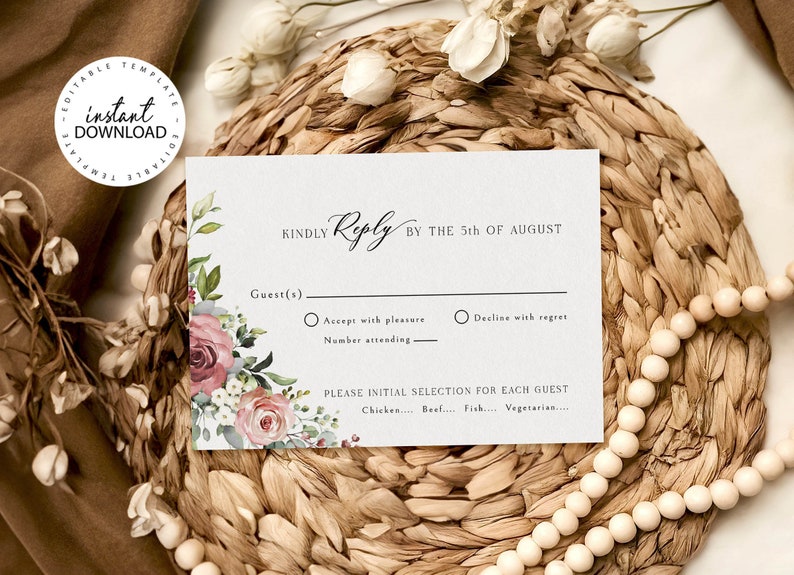 Editable Floral Wedding Rsvp Template, INSTANT DOWNLOAD, Printable ...