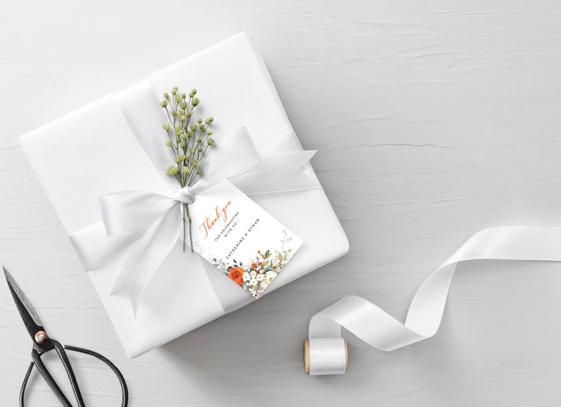 Editable Wedding Favor Tags, Orange Floral Thank You Labels, Square ...