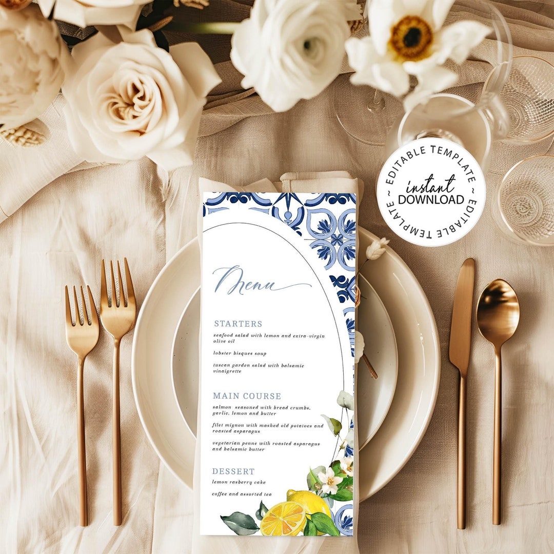 Editable Mediterranean Style Menu, Lemons and Flowers Menu, Yellow and ...