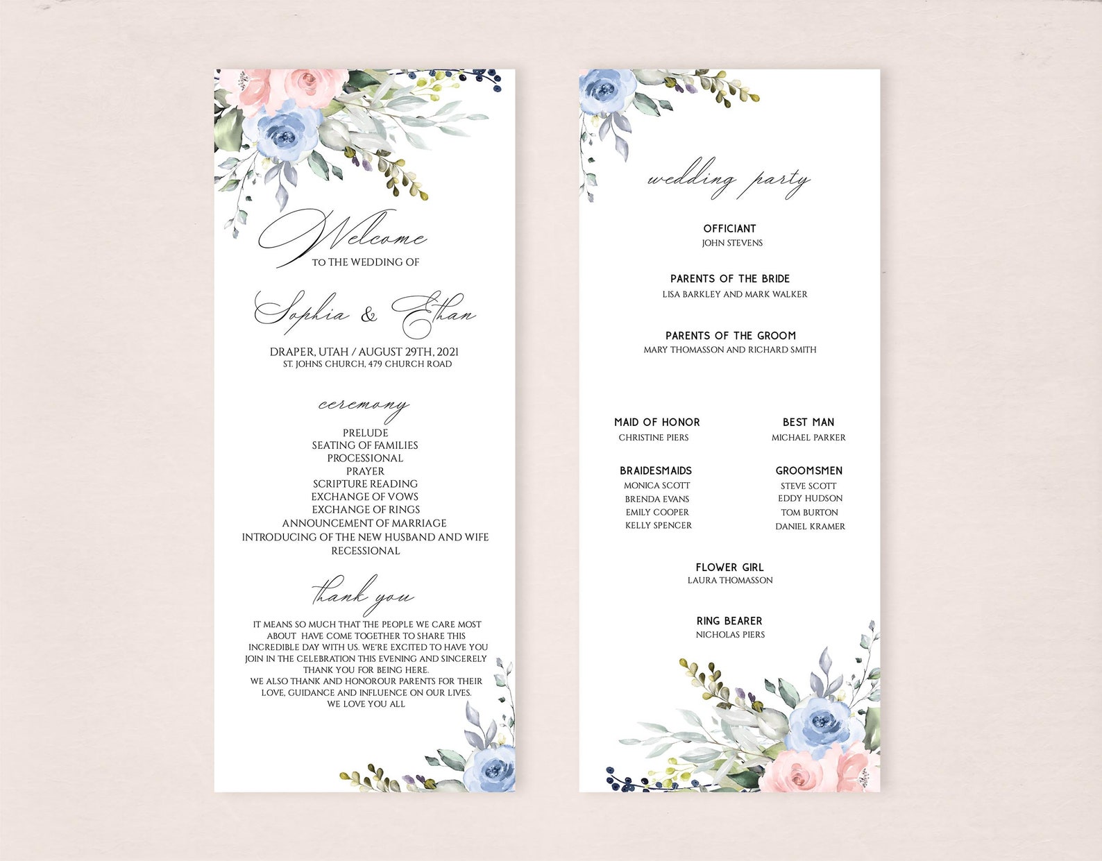Floral Wedding Program Template Editable INSTANT DOWNLOAD | Etsy