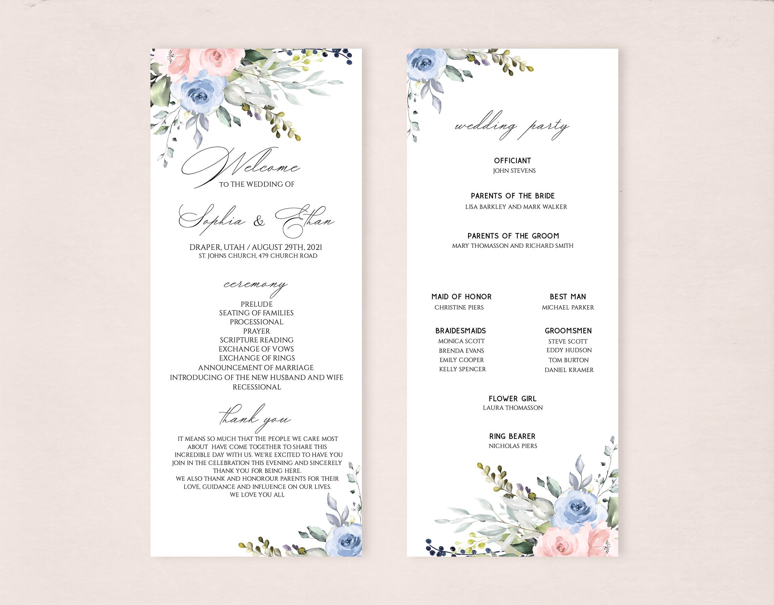 Floral Wedding Program Template Editable INSTANT DOWNLOAD - Etsy