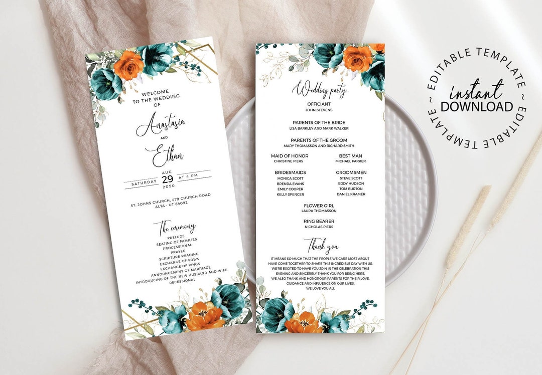 Editable Floral Wedding Program Template, INSTANT DOWNLOAD, Teal and ...