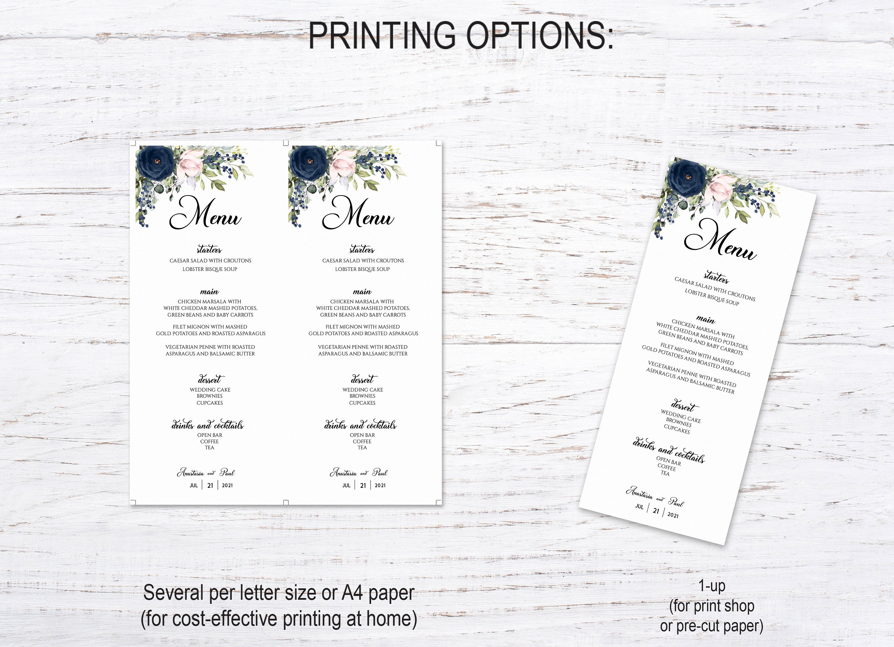 Editable Floral Menu Template, INSTANT DOWNLOAD, Navy and Blush Floral ...