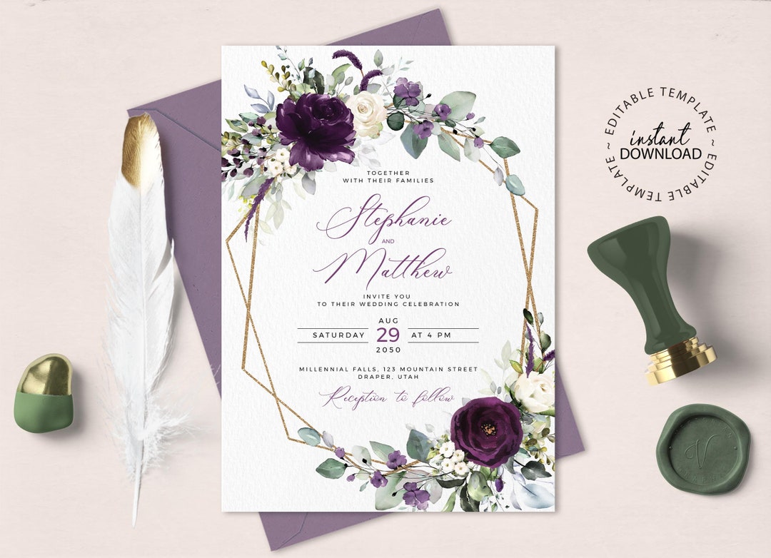 Editable Purple Wedding Invitation Template, INSTANT DOWNLOAD, Floral ...