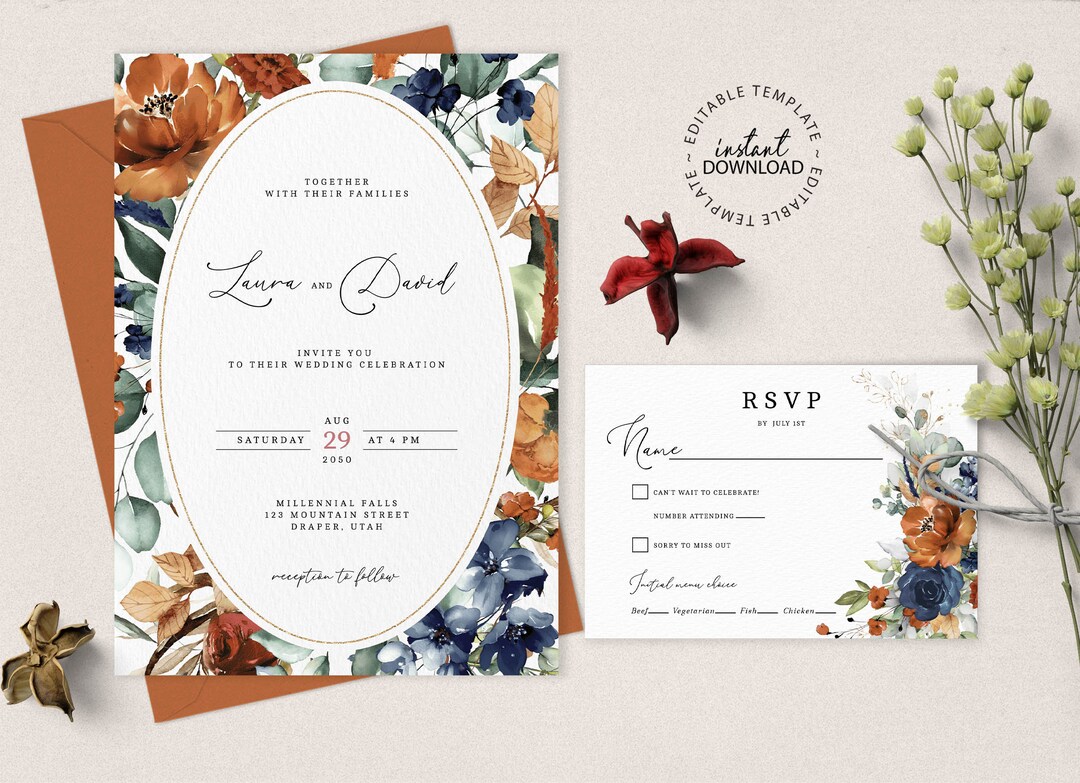 SIA - Editable Blue and Burnt Orange Wedding Invitation and Rsvp Set ...