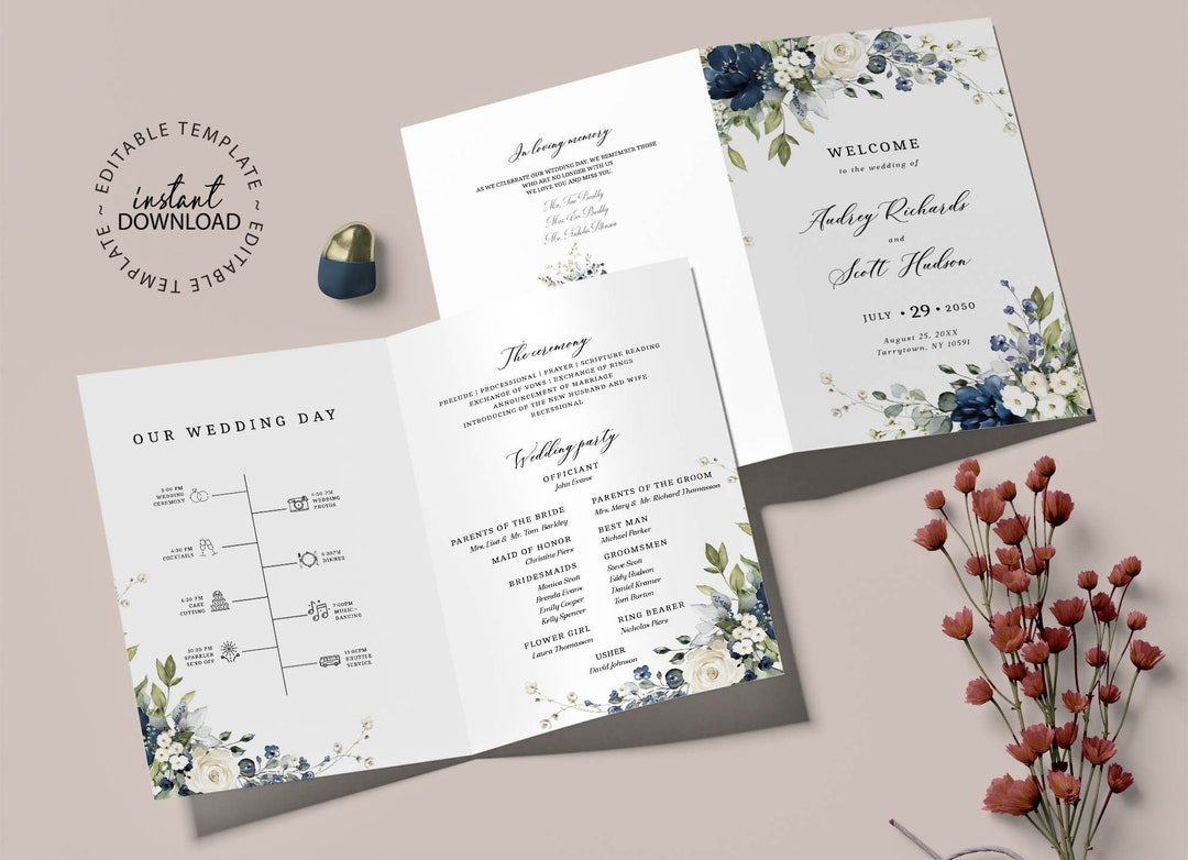Editable Bi-fold Wedding Program Template, INSTANT DOWNLOAD, Blue and ...