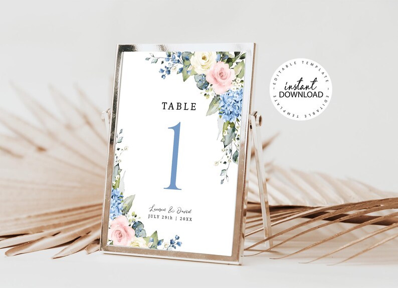 Editable Table Number Template, Pink Blue and White Floral Printable ...