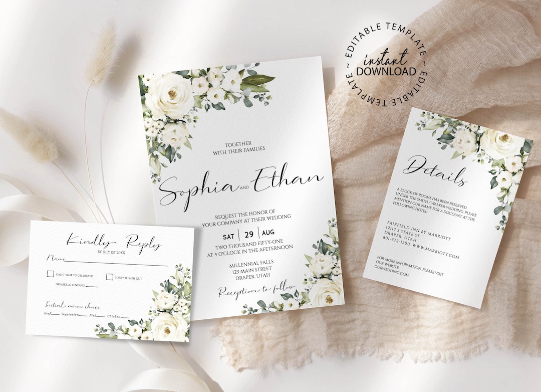 Editable Cream Floral Wedding Invitation Set, INSTANT DOWNLOAD, Cream ...