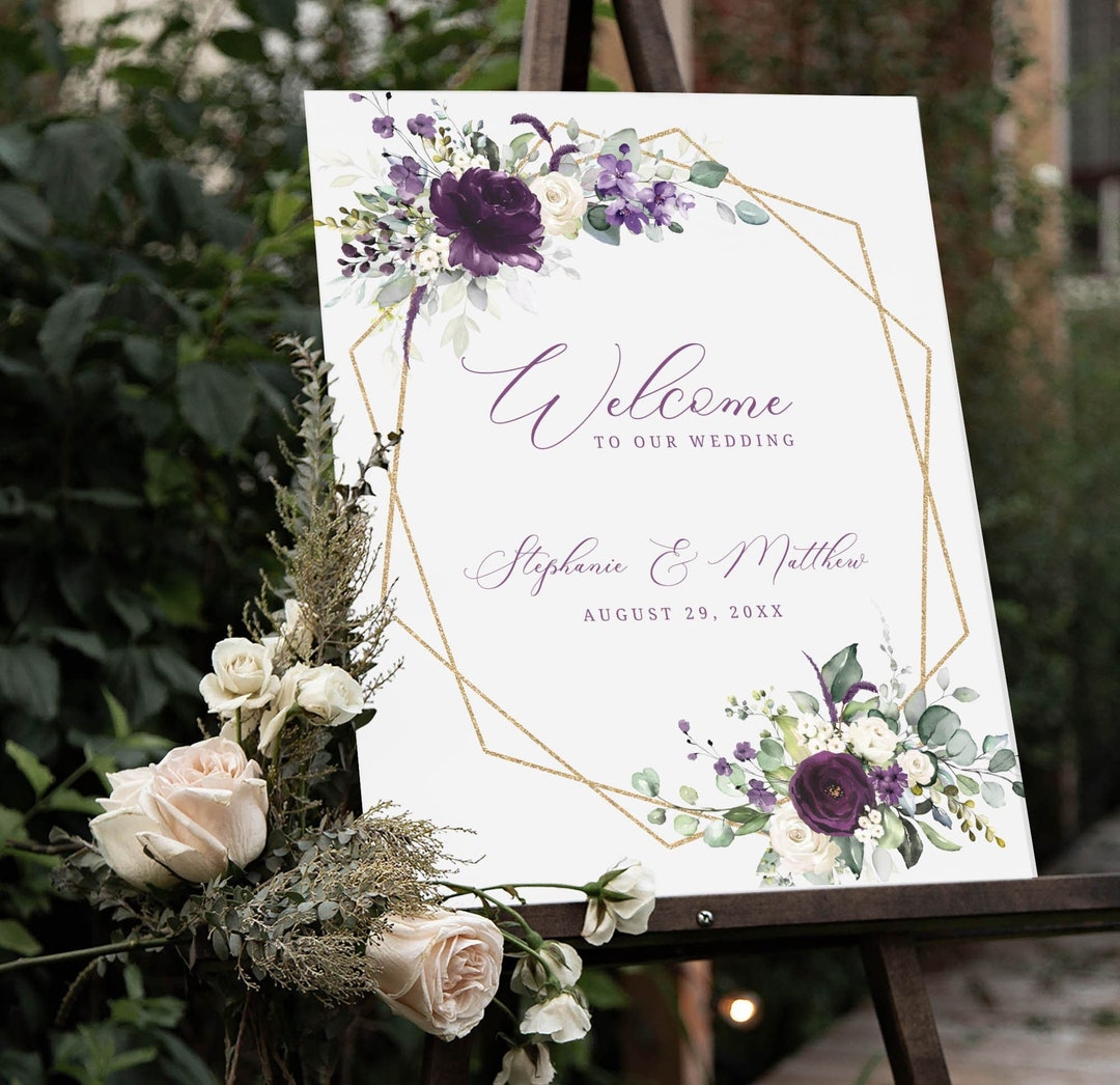 Editable Wedding Welcome Sign Template, INSTANT DOWNLOAD, Purple and ...