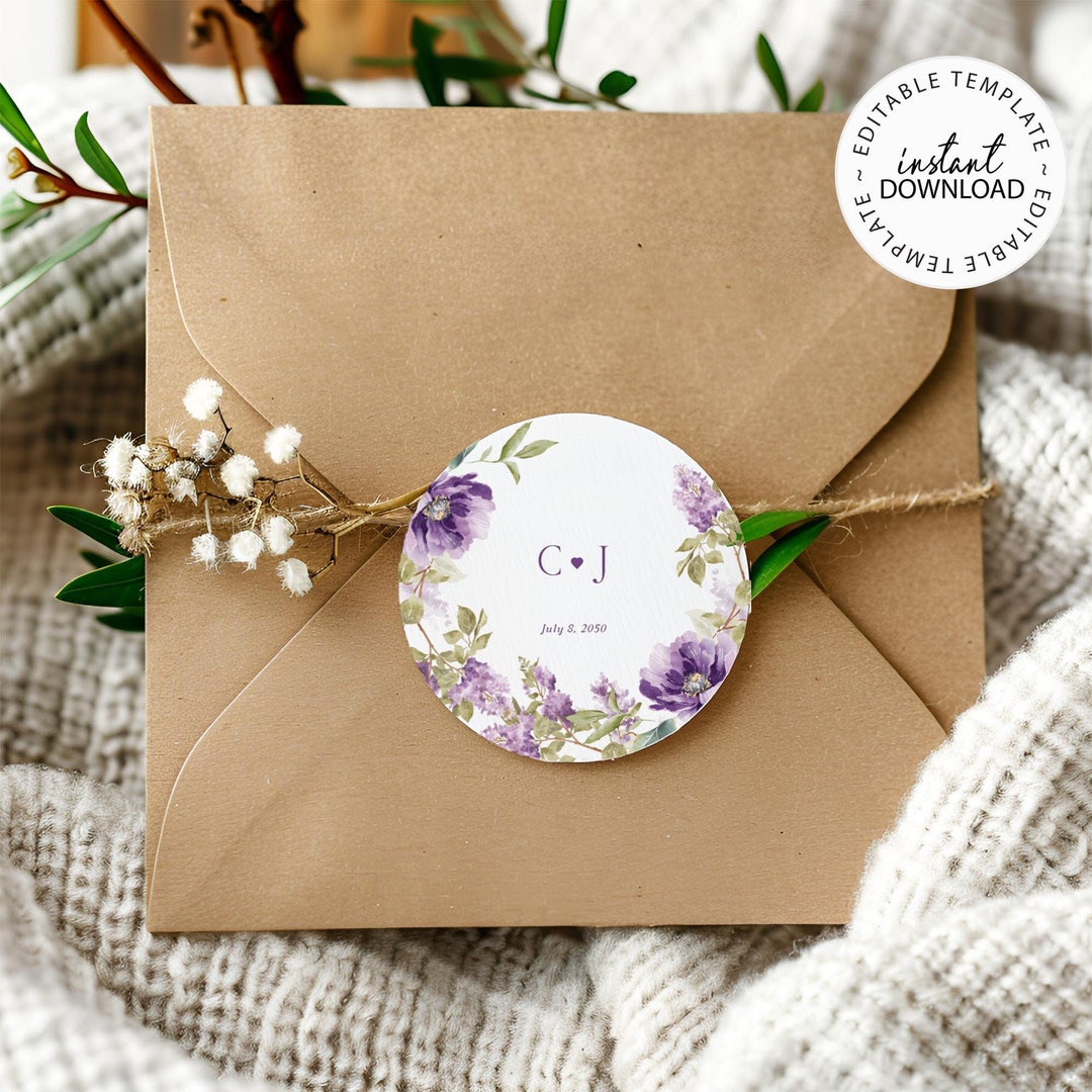 Printable Wedding Stickers Template With Lilac Flowers, Round Floral ...