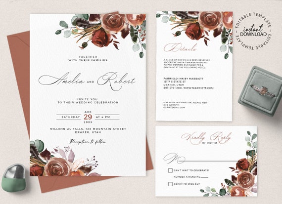 Burnt Orange Wedding Invitation Rust Floral Wedding Invite - Etsy