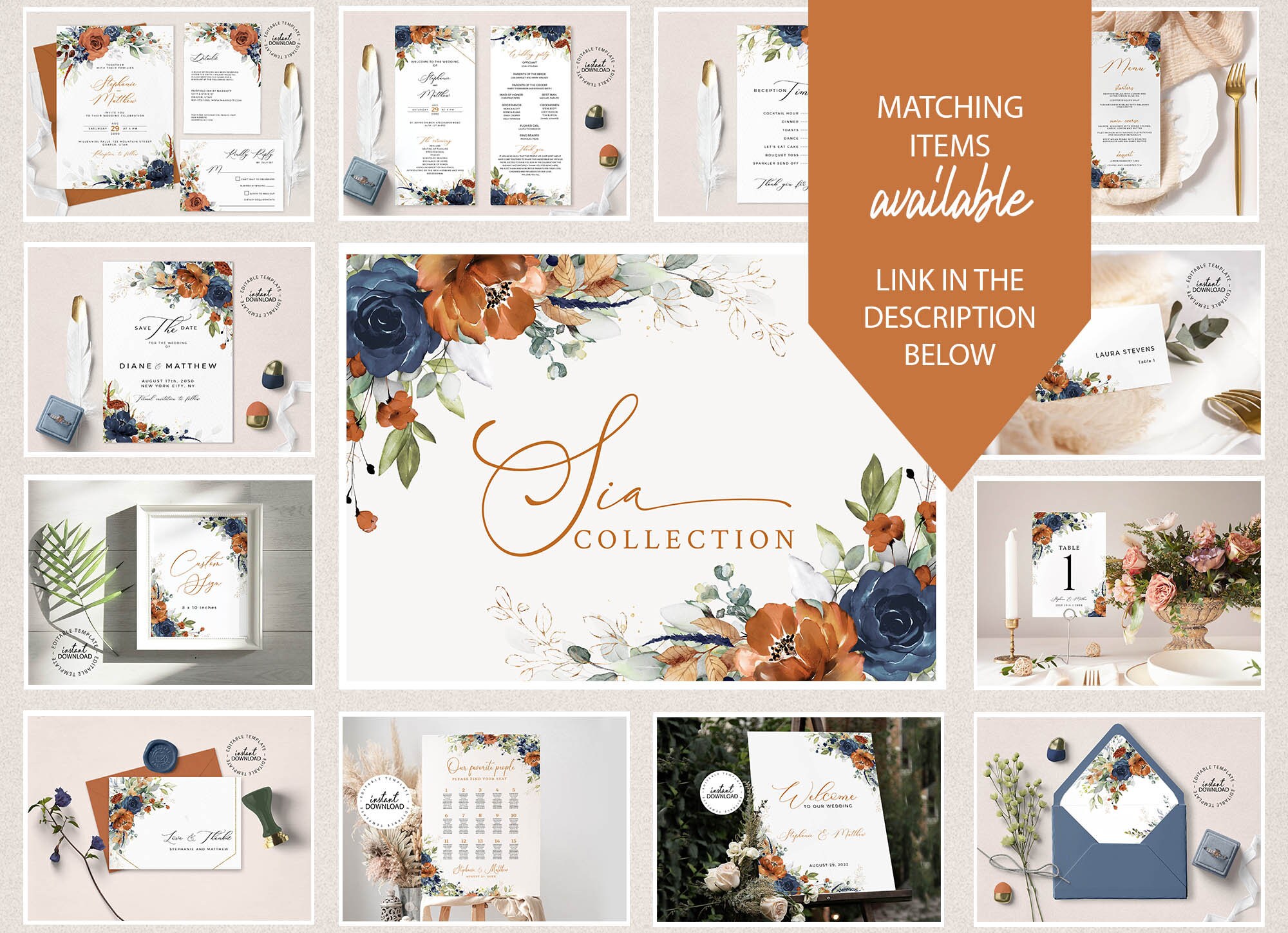 SIA - Editable Burnt Orange and Blue Wedding Menu, Floral Wedding Table ...