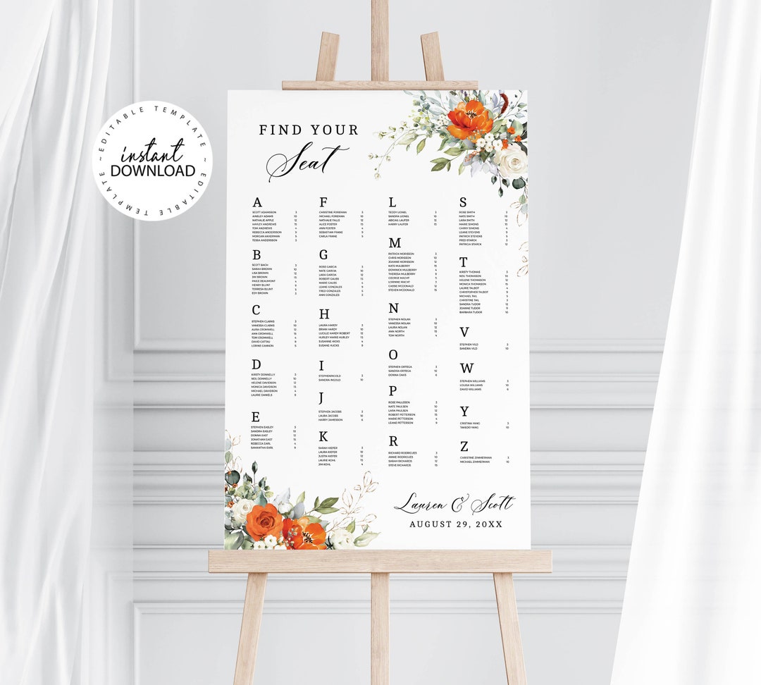 Editable Wedding Seating Chart Template, Orange Floral Alphabetical ...