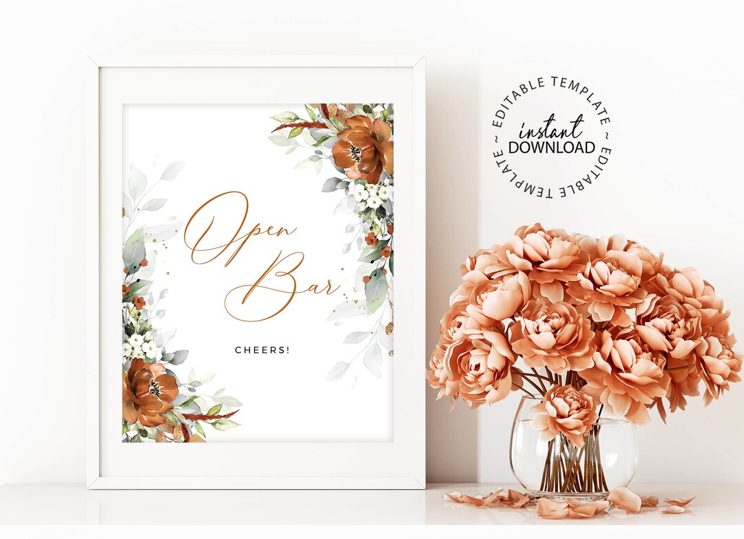 LYRA - Burnt Orange Open Bar Sign, INSTANT DOWNLOAD, Terracotta Floral ...