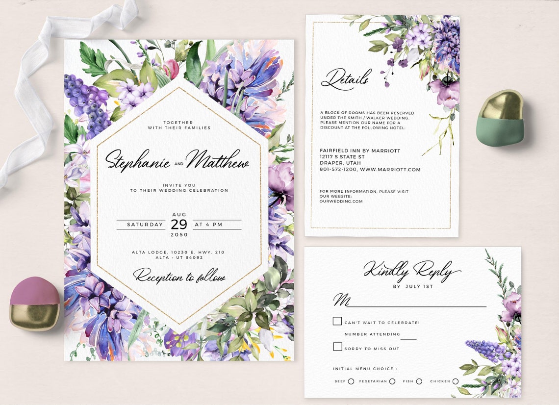 Purple Floral Wedding Invitation Set, Editable Mauve Flowers Wedding ...
