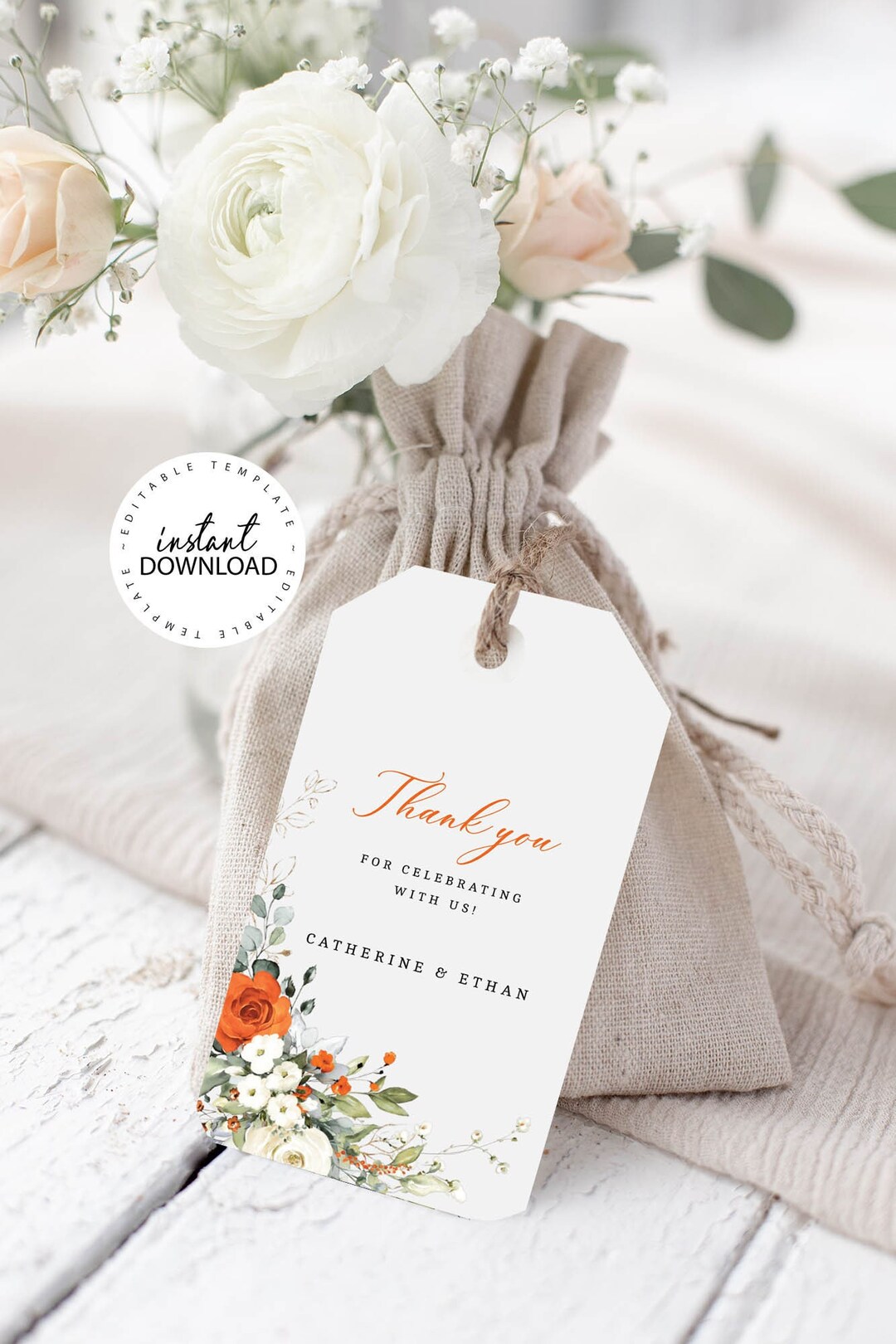 Editable Wedding Favor Tags, Orange Floral Thank You Labels, Square ...