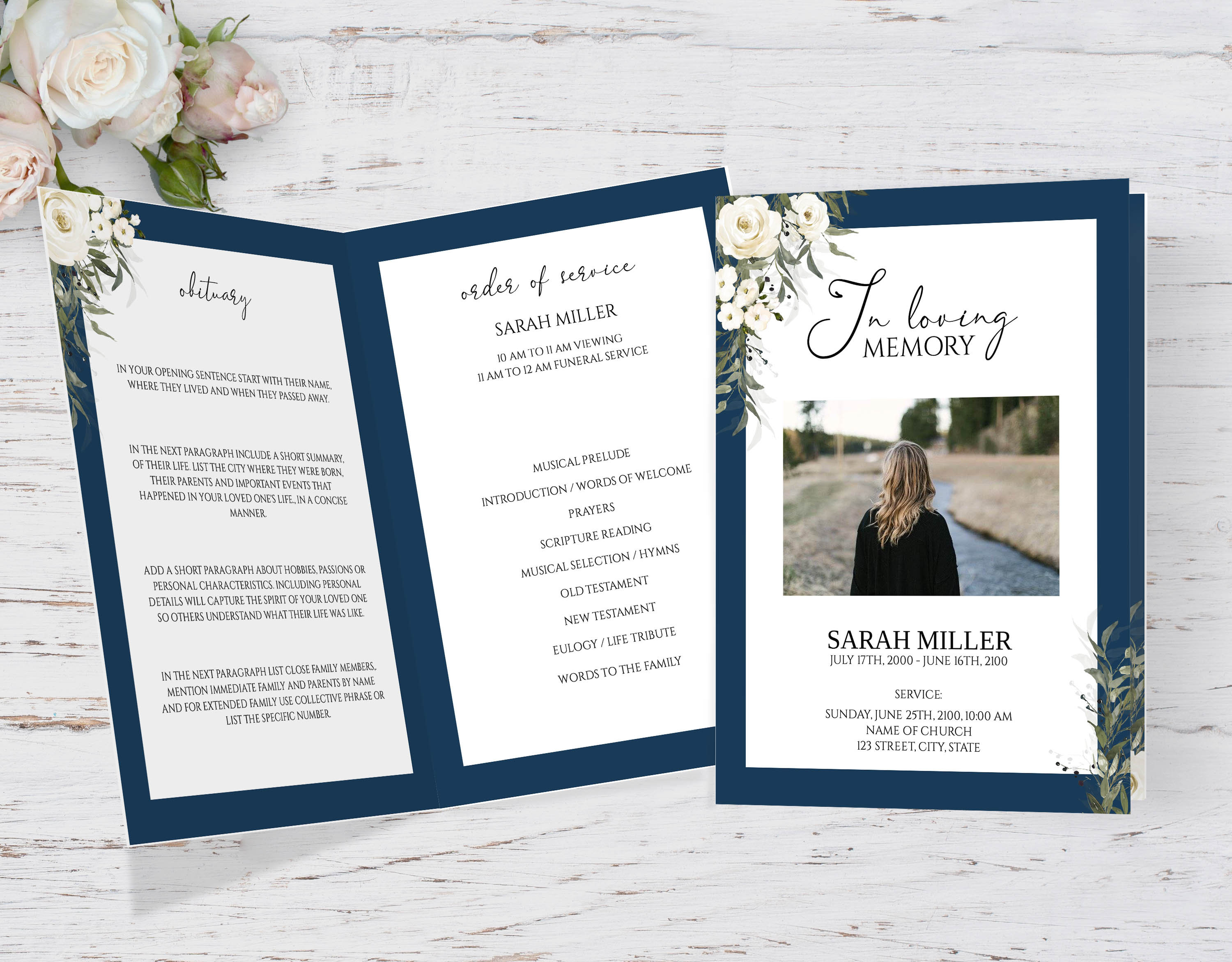Editable Funeral Program Template, INSTANT DOWNLOAD, White Roses ...