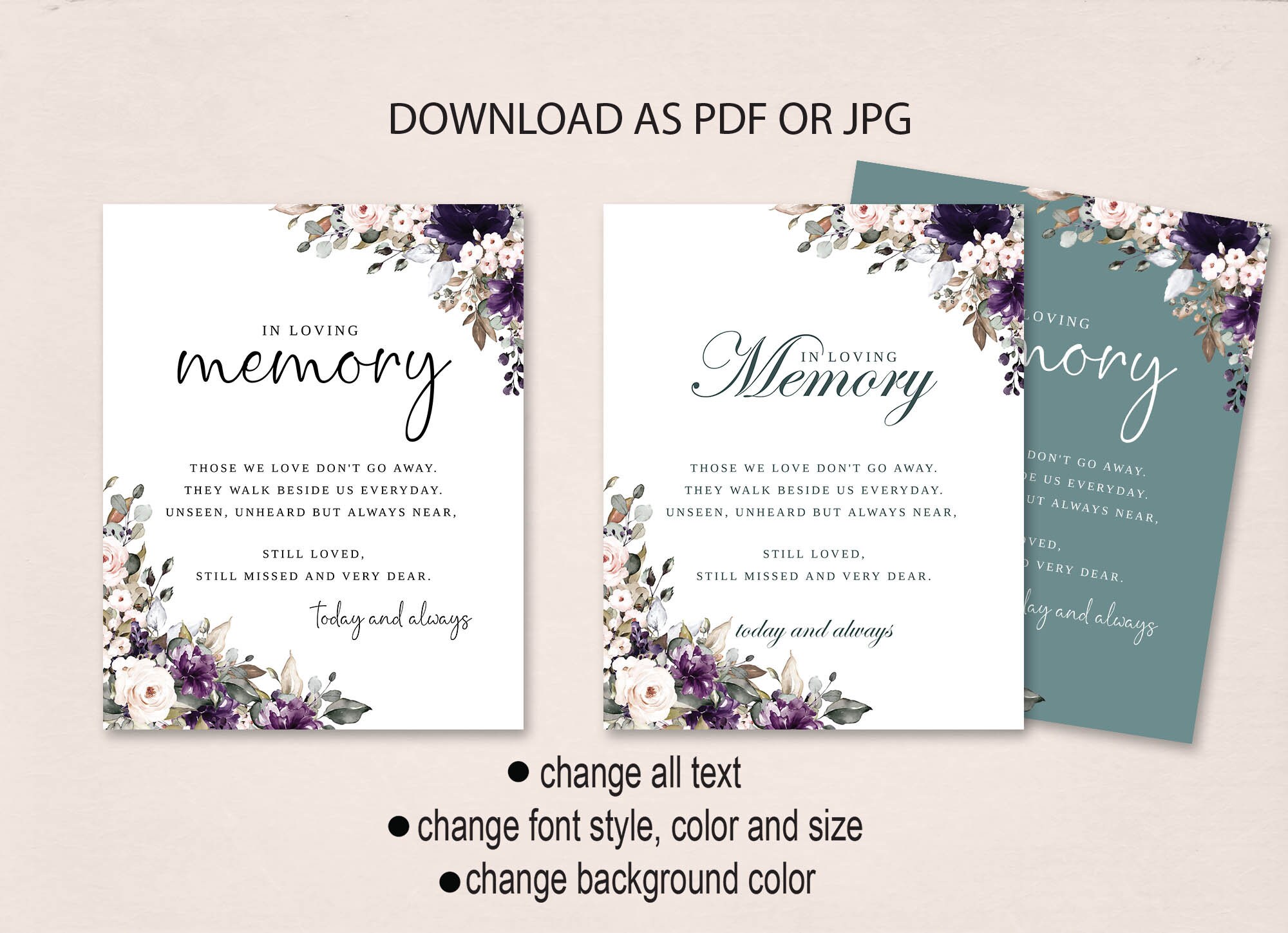 Editable Purple and Pale Rose Memorial Sign Template, in Loving Memory ...