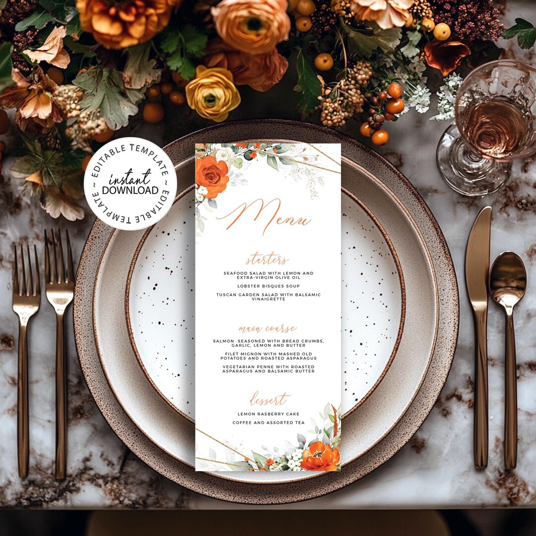 Editable Wedding Menu Card: Orange and White Floral Template, 4x9 In ...