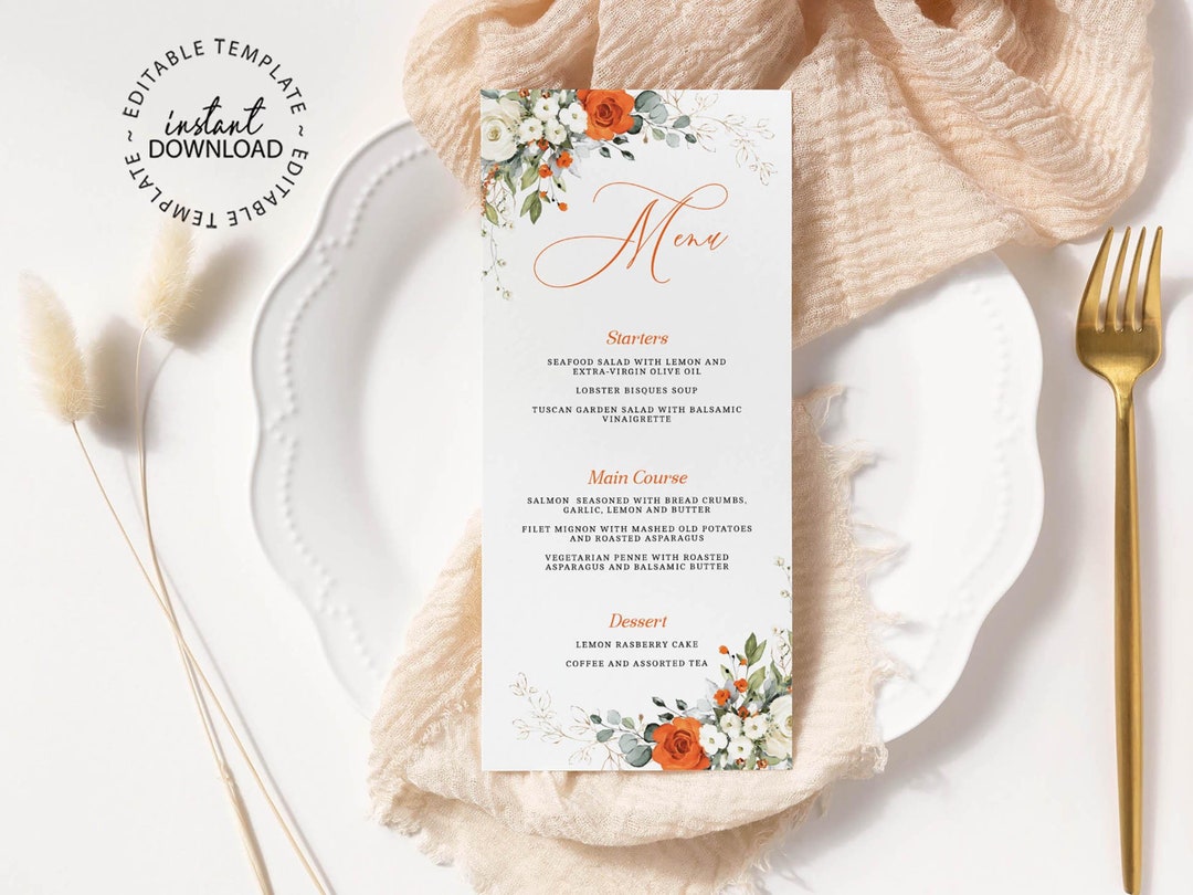 Editable Floral Wedding Menu Card, Orange and White Menu Template ...
