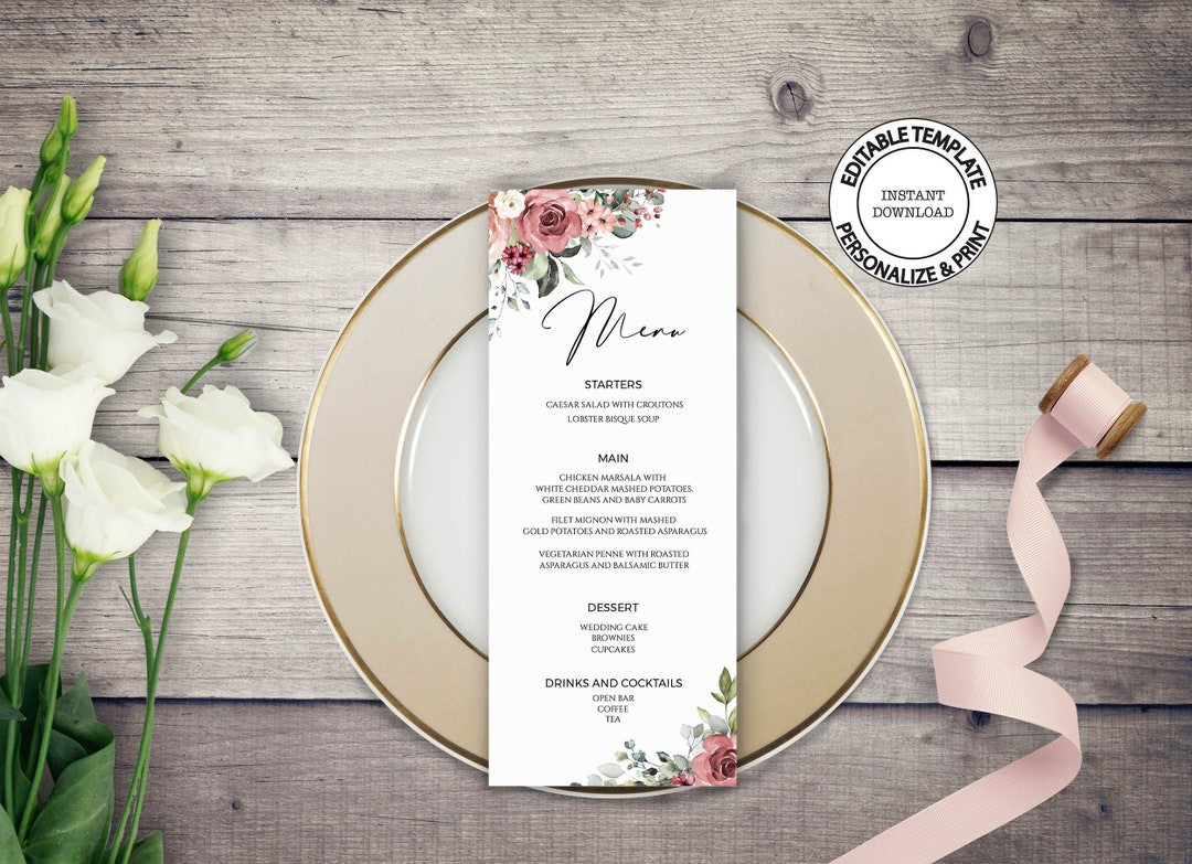 Floral Editable Menu Template, INSTANT DOWNLOAD, Blush and Dusty Red ...