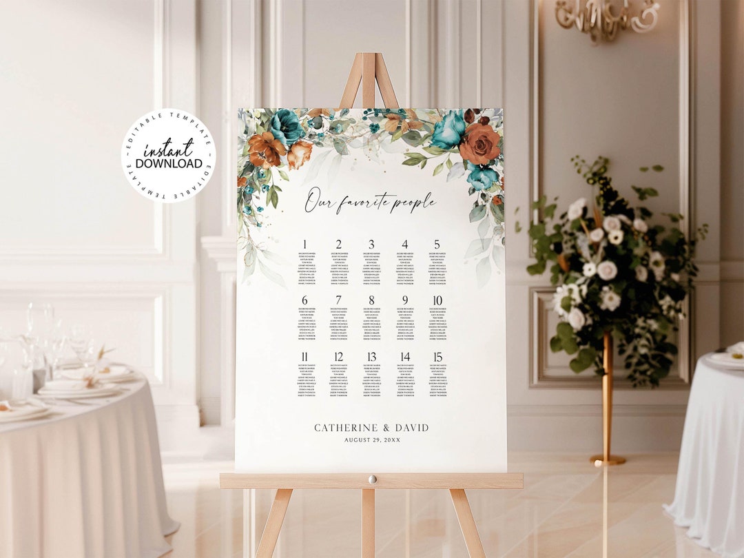 Editable Wedding Seating Plan With Teal and Orange Flowers, Printable ...