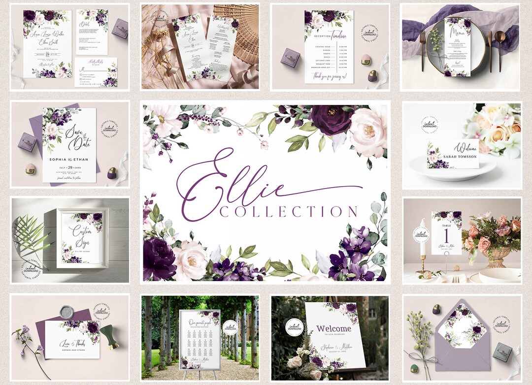 ELLIE - Dark Purple and Pale Rose Invitation Collection, INSTANT ...